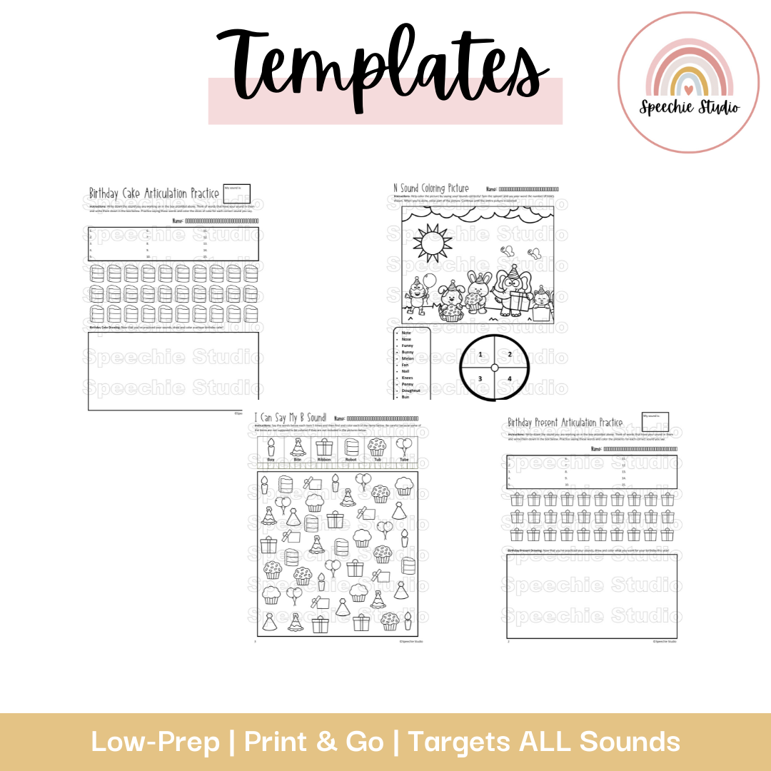 Birthday Themed Articulation Worksheets and Activities for Speech ...