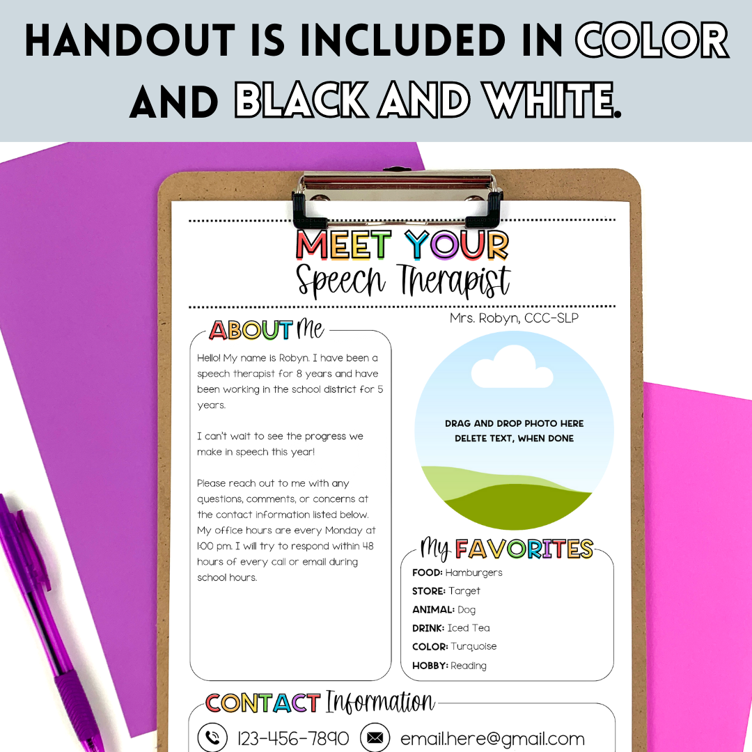 Editable Back to School Meet the Speech Therapist Handout - Speechie Studio
