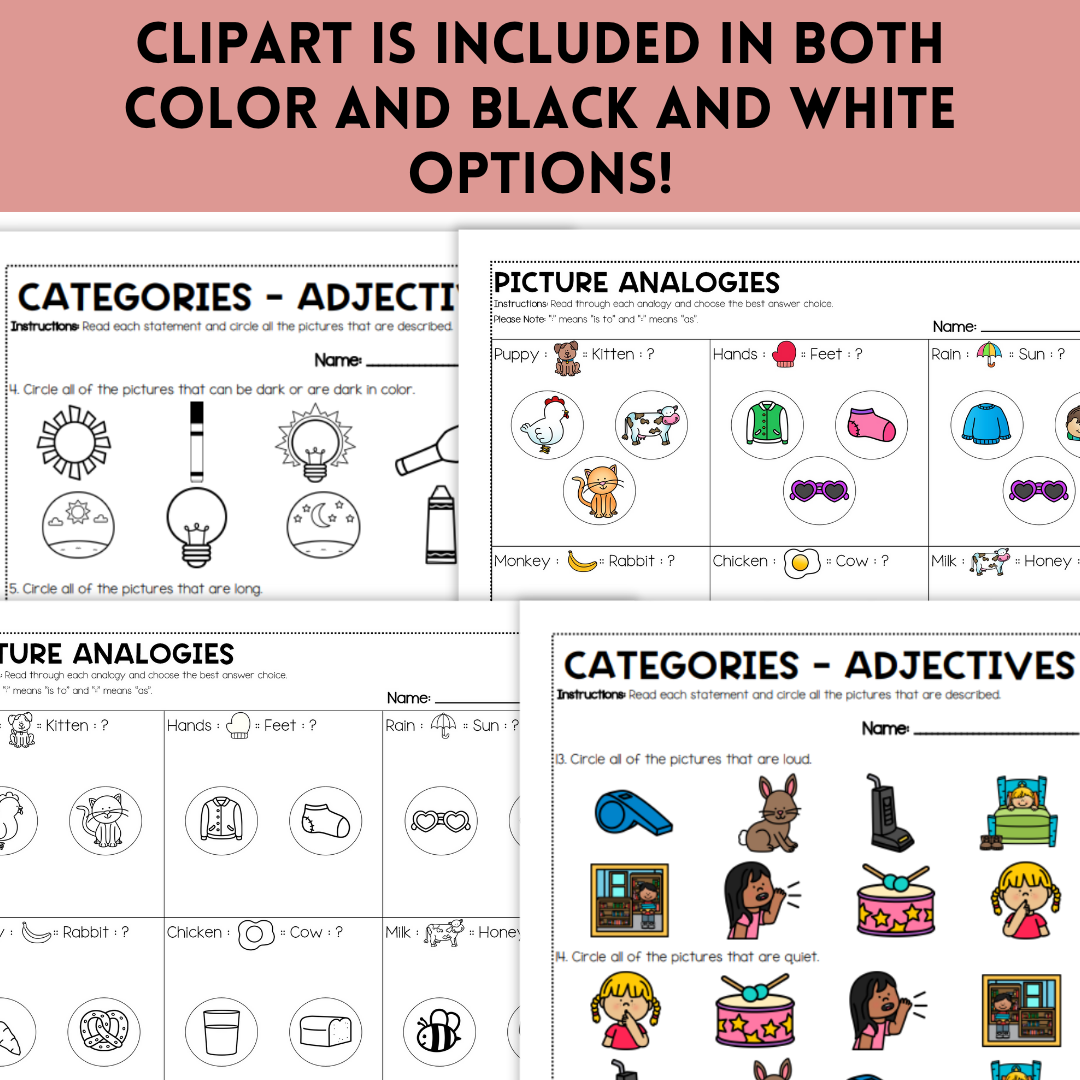 Adjectives and Analogies Activities and Worksheets for Speech Therapy ...