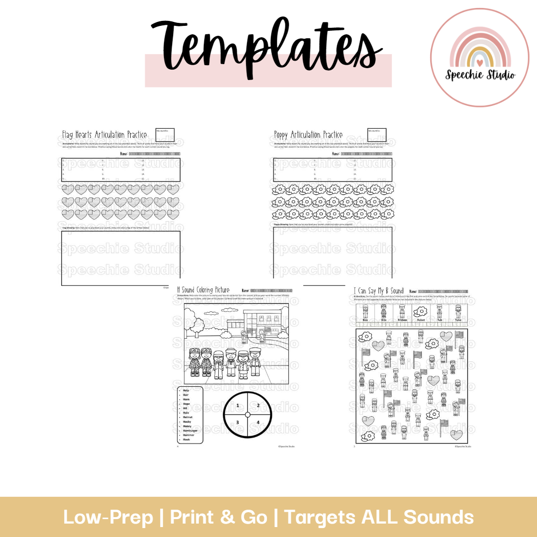 Veterans Day Articulation Worksheets and Activities for Speech Therapy ...