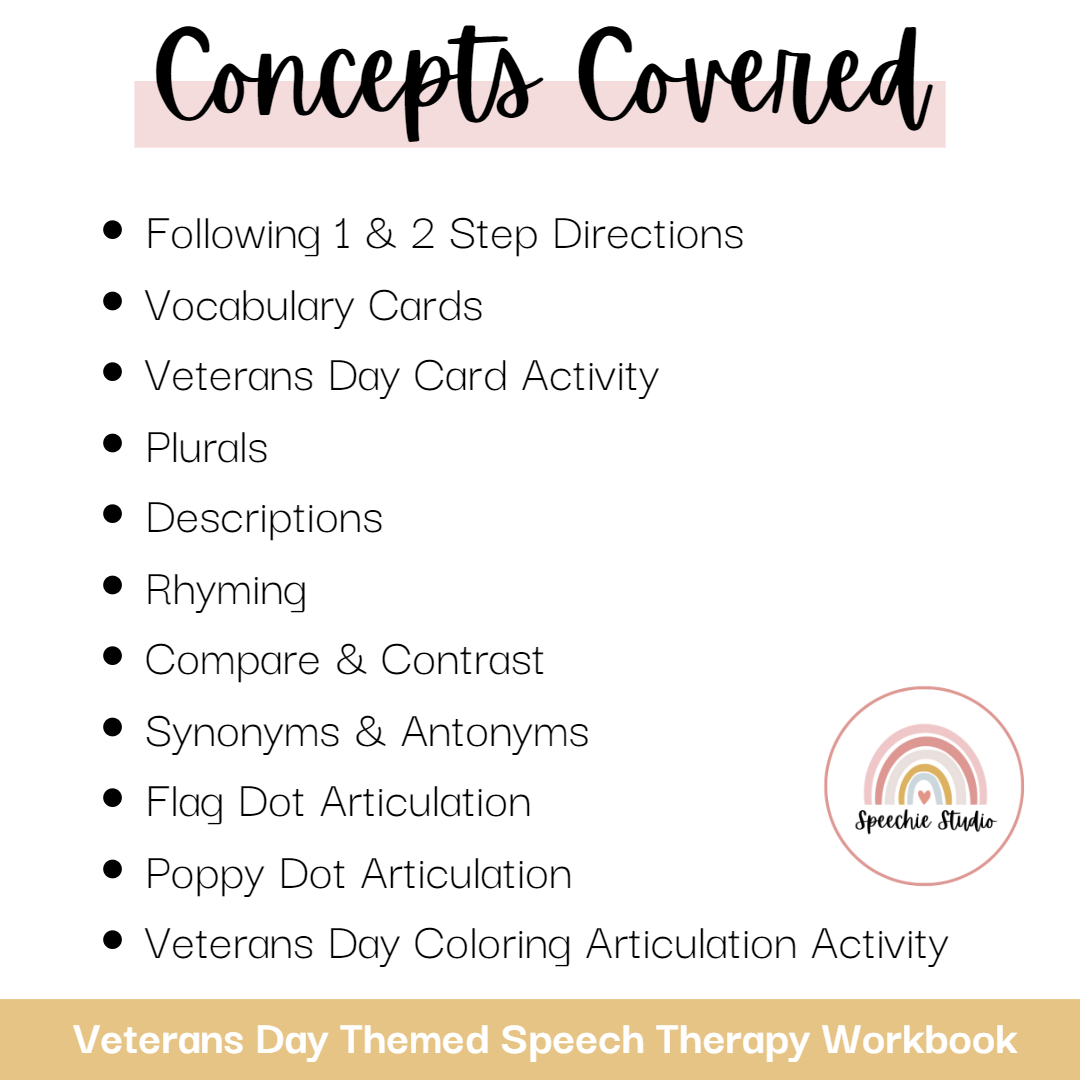 Veterans Day Themed Language and Articulation Workbook for Speech ...