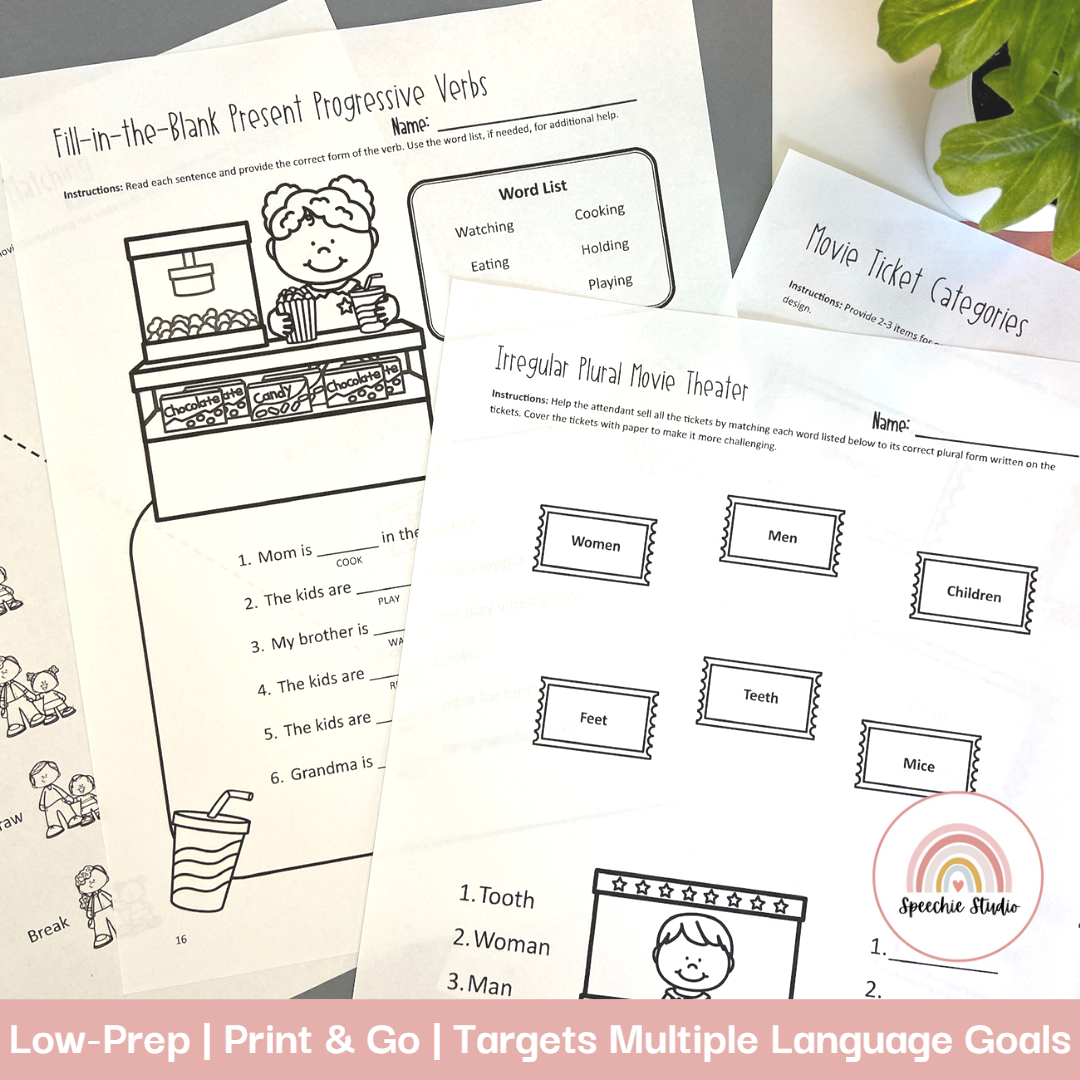Movie Language Worksheets and Activities for Speech Therapy No Prep ...