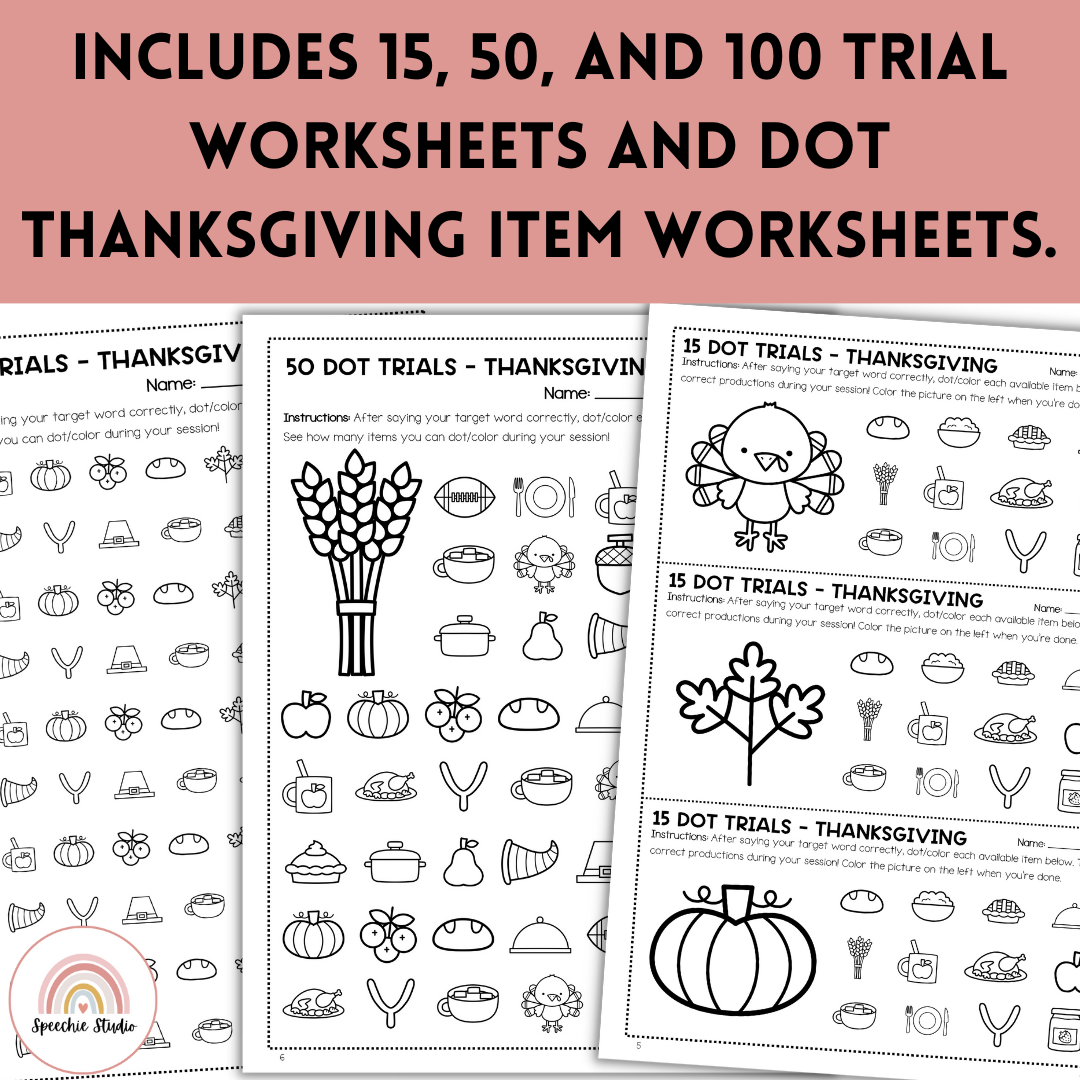 Thanksgiving Articulation and Language Dot Worksheets for Speech ...