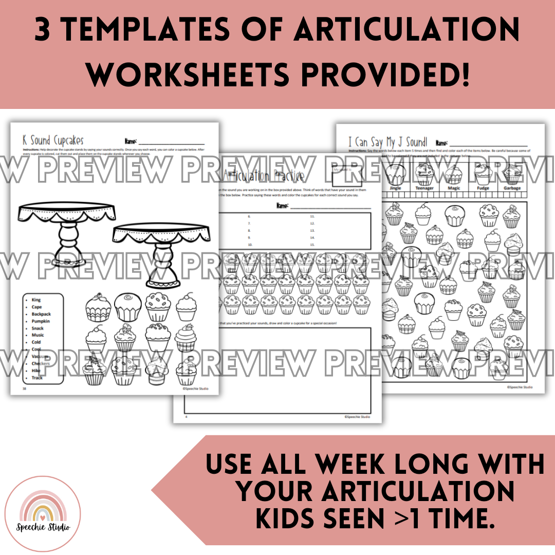 Cupcake Articulation Worksheets and Activities for Speech Therapy No ...