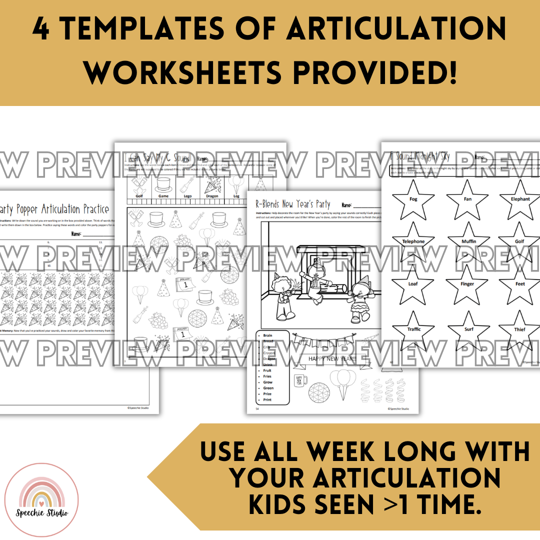 New Year's Articulation Worksheets and Activities for Speech Therapy No ...