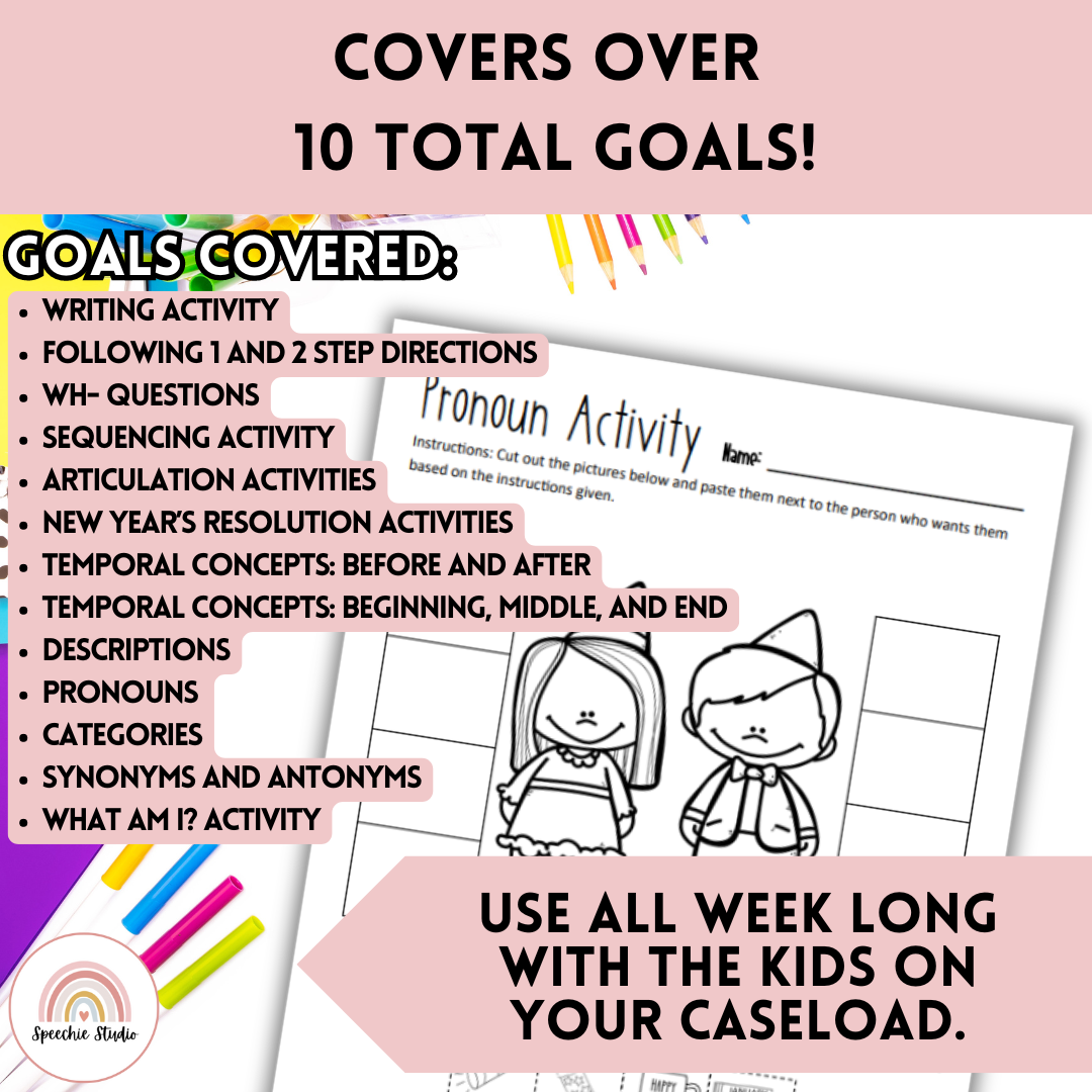 New Year's Themed Language and Articulation Workbook for Speech Therapy ...