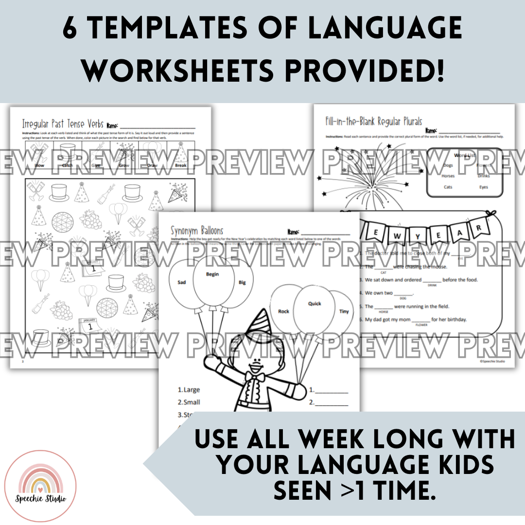 New Year's Language Worksheets and Activities for Speech Therapy No ...