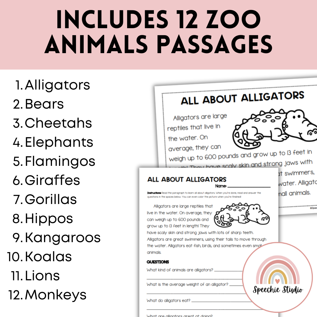 Zoo Animals Short Story Passages with WH Questions for Speech Therapy ...