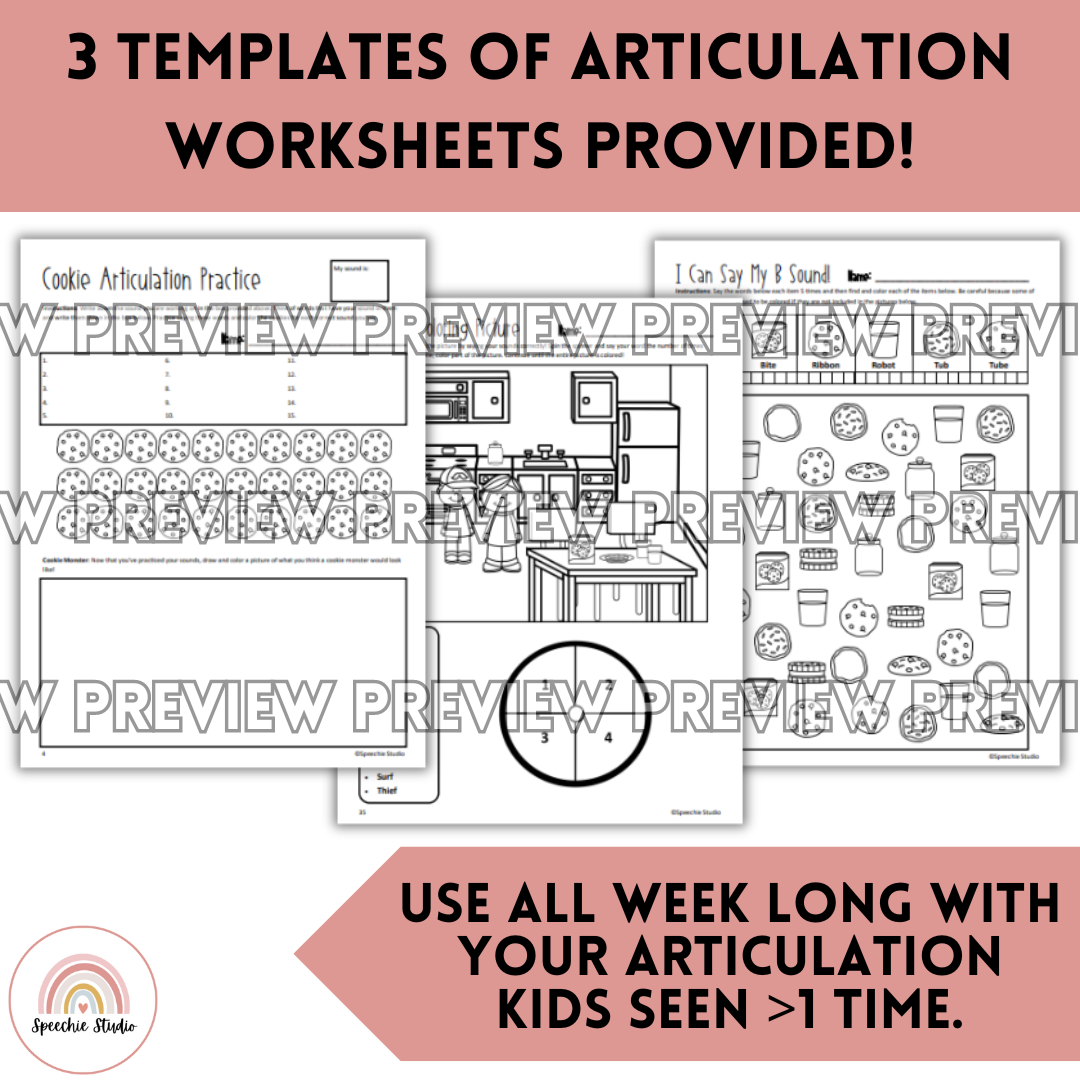 Cookie Articulation Worksheets and Activities for Speech Therapy No ...